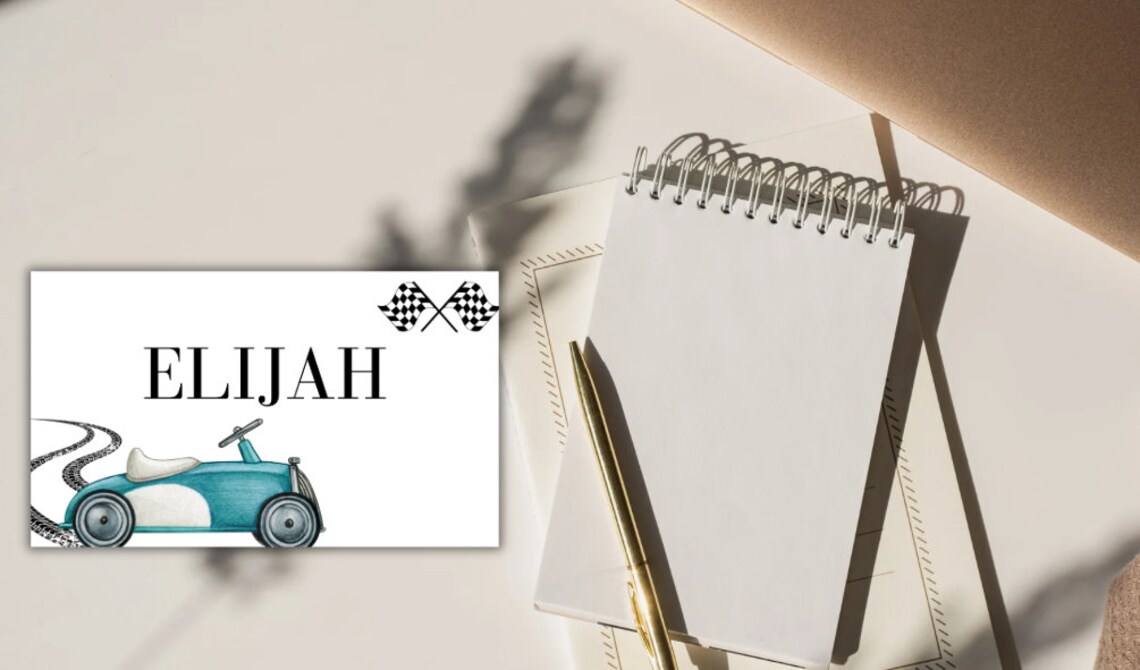 Editable Race Car Name Tags, Fast One Name Tags, Blue Car, Digital ...