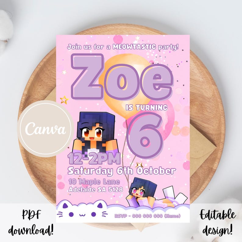 Aphmau Invitation Aphmau Party Invite Girl Gamer Birthday Invitation ...