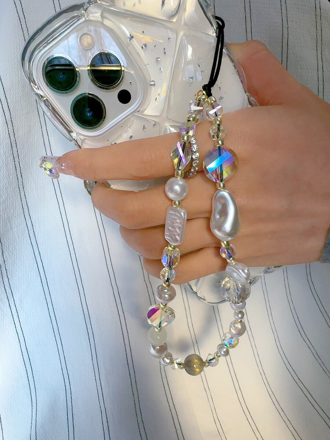 Sparkling Pearl Crystal Phone Strap, Crystal Ball Phone Charm Strap ...