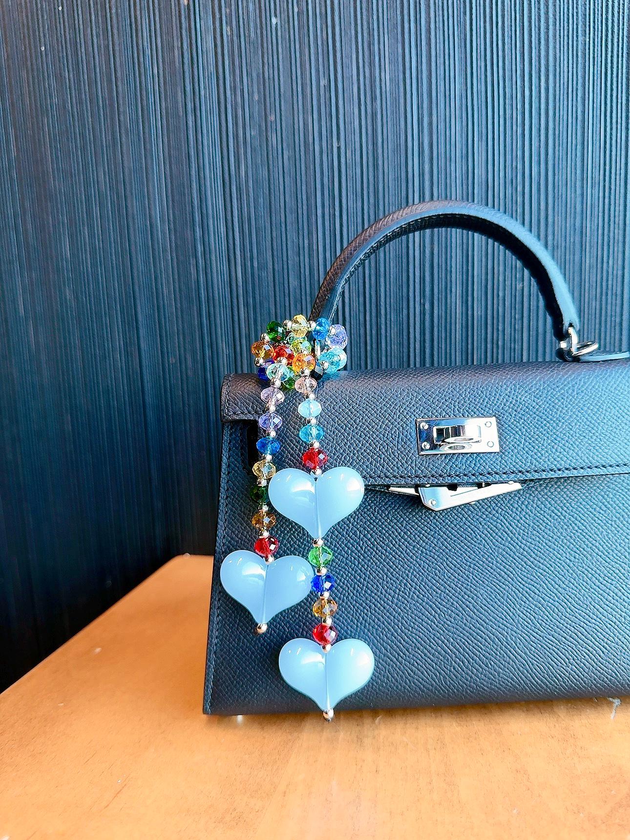 Iridescent Crystal Bag Charm, Pink and Blue Hearts Bag Pendant, Retro ...