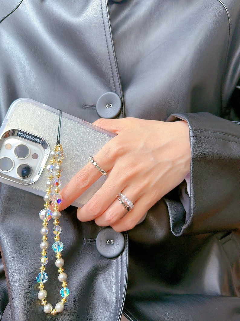 Swarovski Crystal Beads Phone Charm, Silver Gray Crystal Pearl Phone ...