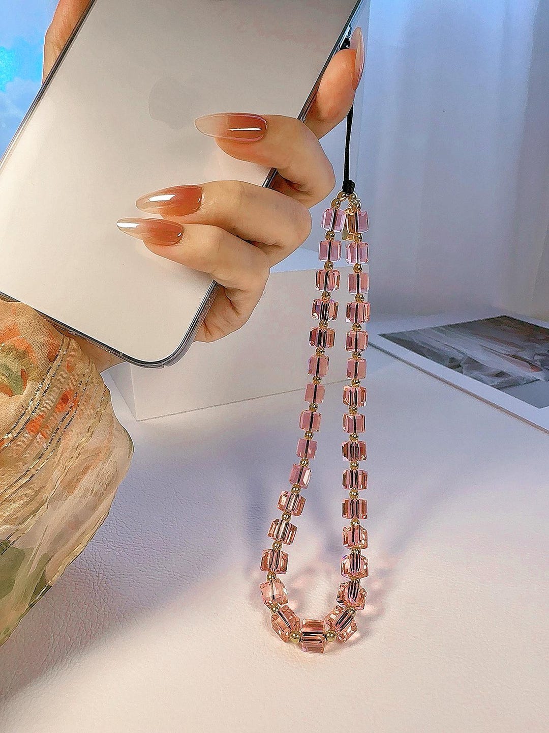 Premium Rouge Pink Cube Crystal Phone Charm, Coral Pink Crystal Wrist ...
