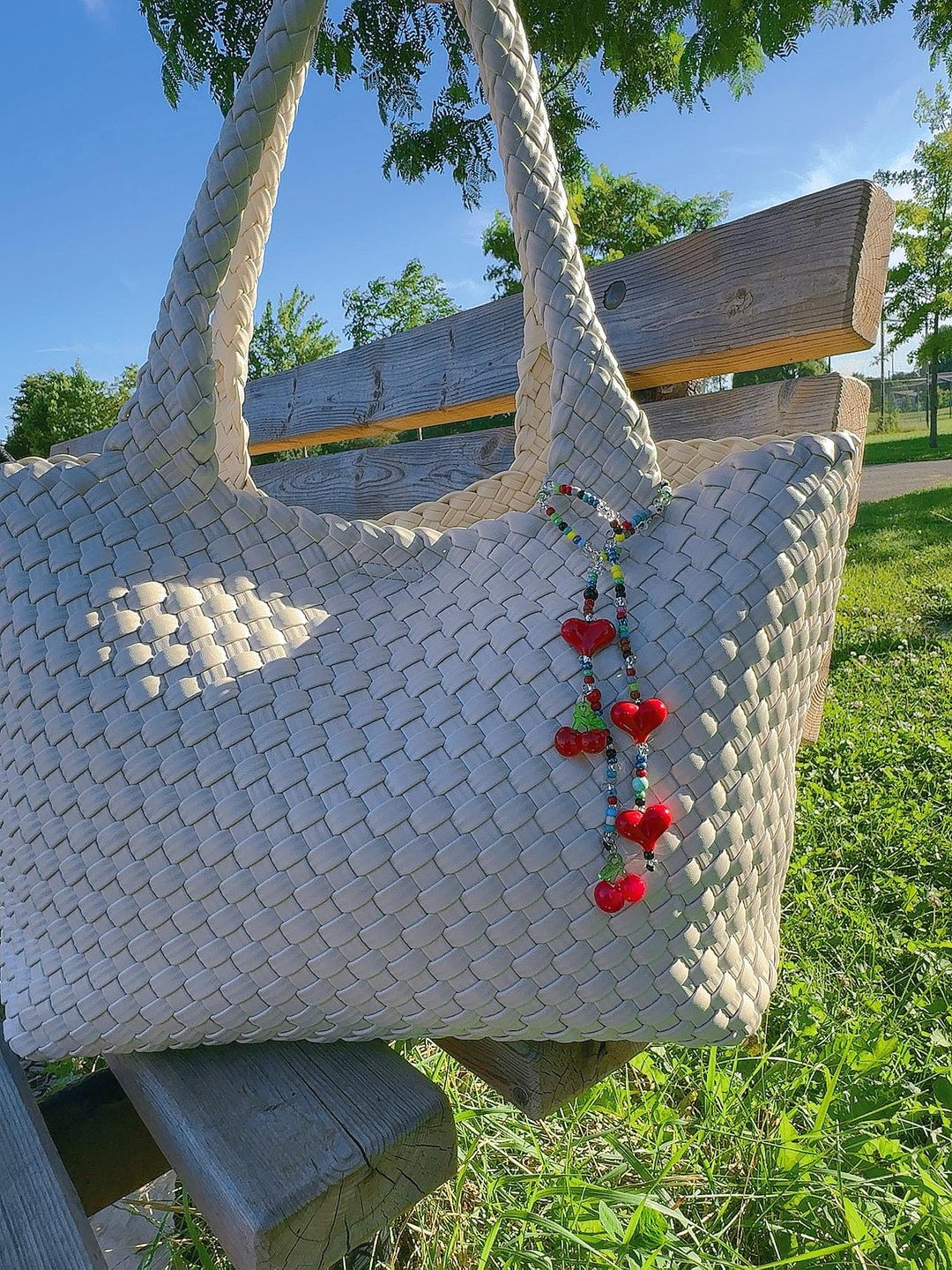 Classic Retro Cherry Beaded Bag Charm, Red Heart Beads Bag Charm ...