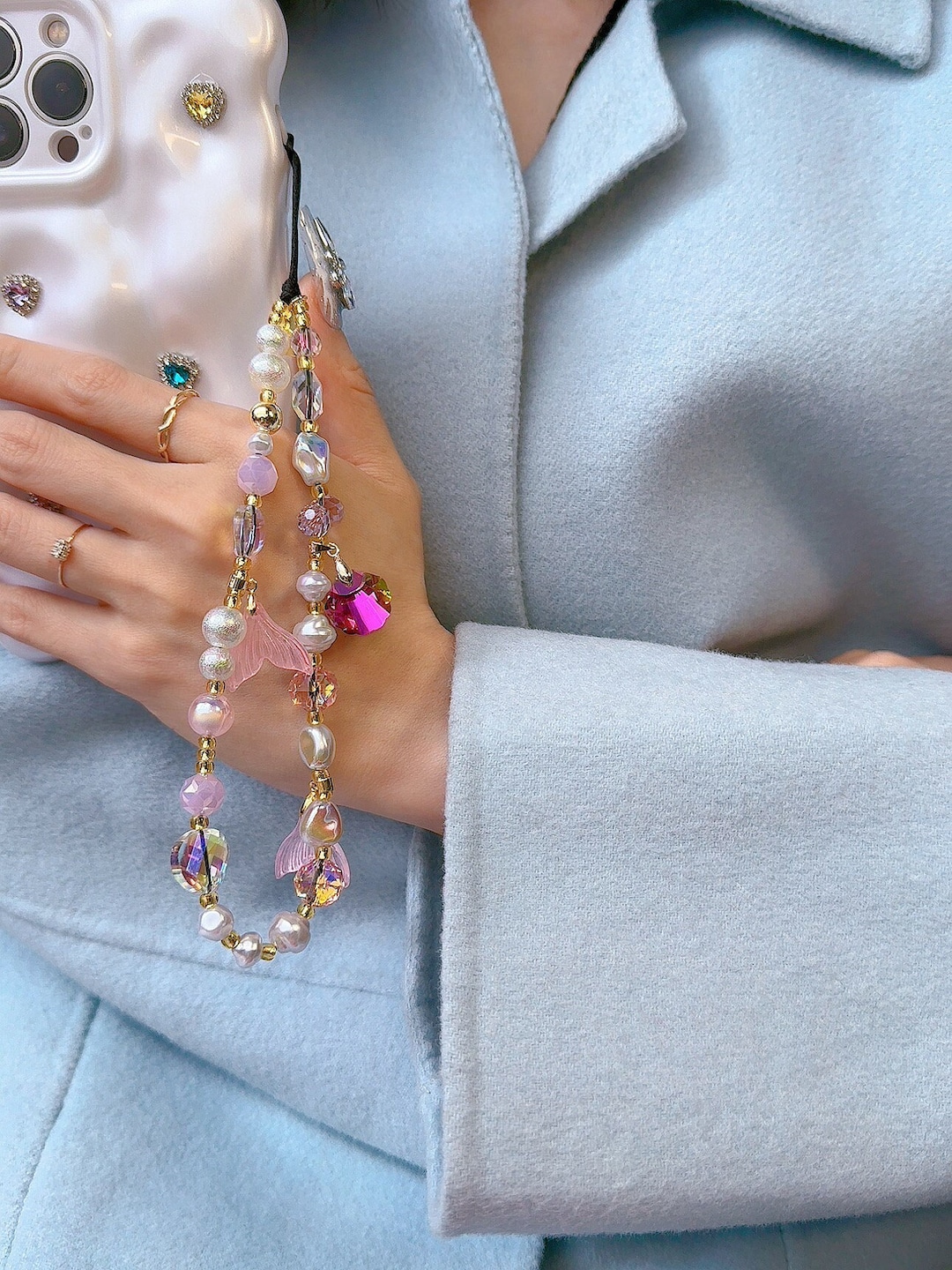 Crystal Shell Pearl Phone Strap, Mermaid Beaded Pearl Phone Lanyard ...