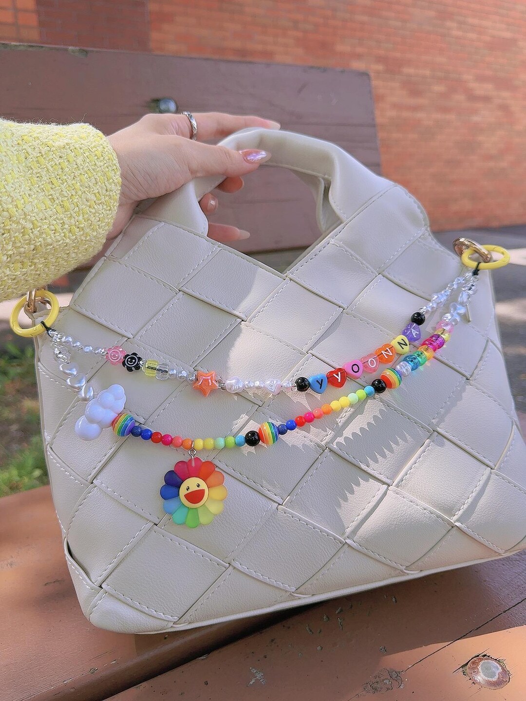 Rainbow Sunflower Customization Name Bag Charm, Childlike Y2k Beaded ...