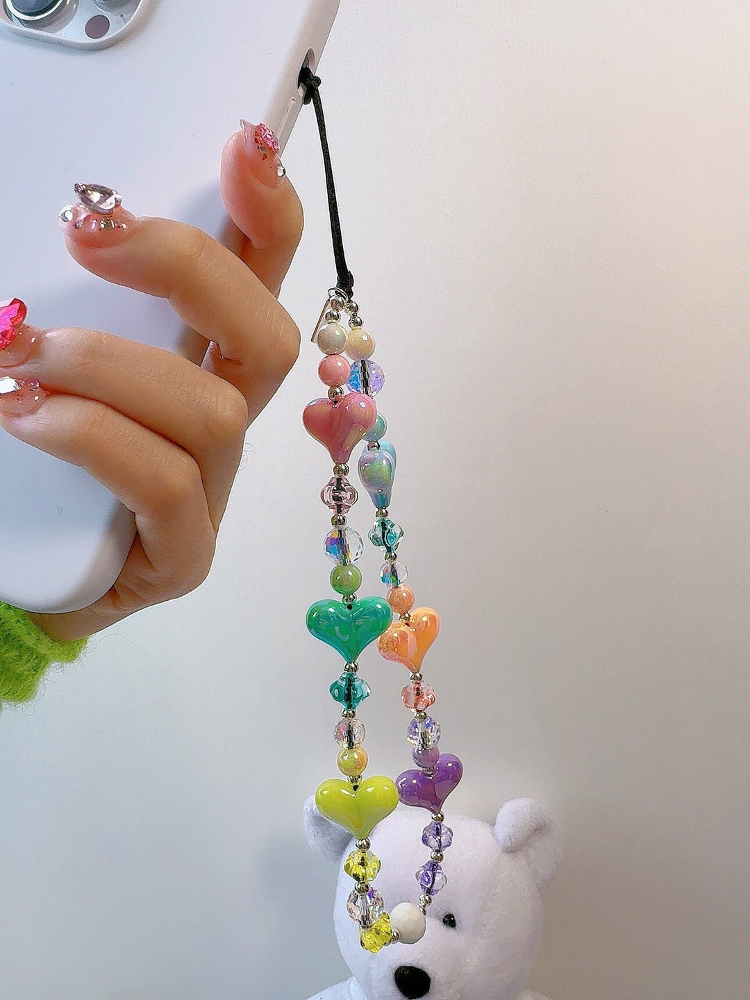 Colorful Candy Heart Phone Charm Strap, Sparkly Cute Wrist Phone ...