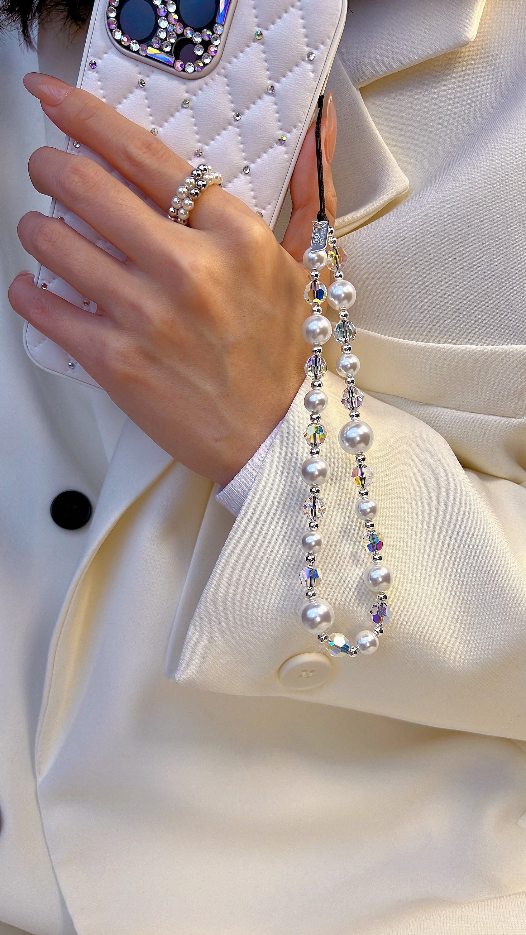 Swarovski Crystal Phone Lanyard, Pearl Phone Charm, Sparkling Phone ...