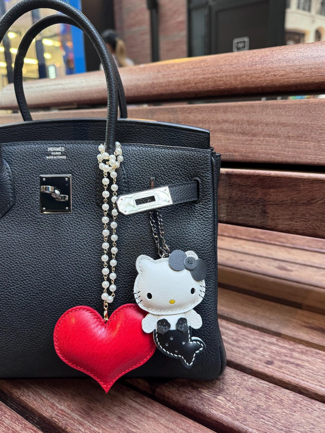 Cute Leather Hello Kitty Charm, Retro Pearl Heart Bag Charm, Classic ...