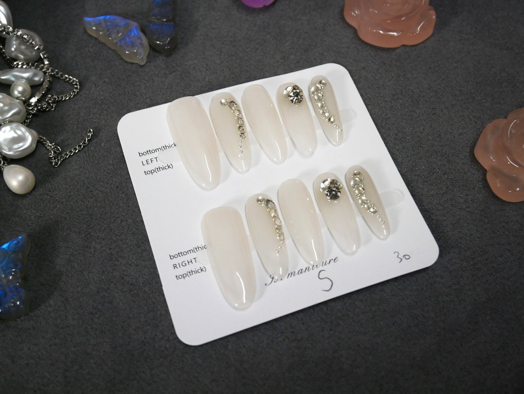 Fearless Pearl White Almond Shape Nails/rhinestone Fairy Nails/elegant ...