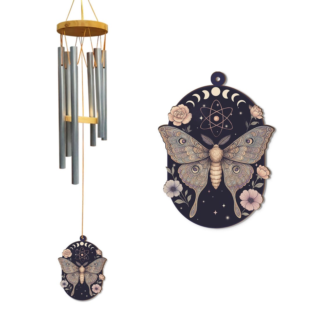 Celestial Moth Wind Chime – Moon Phase Floral Windchime, Boho Gothic ...