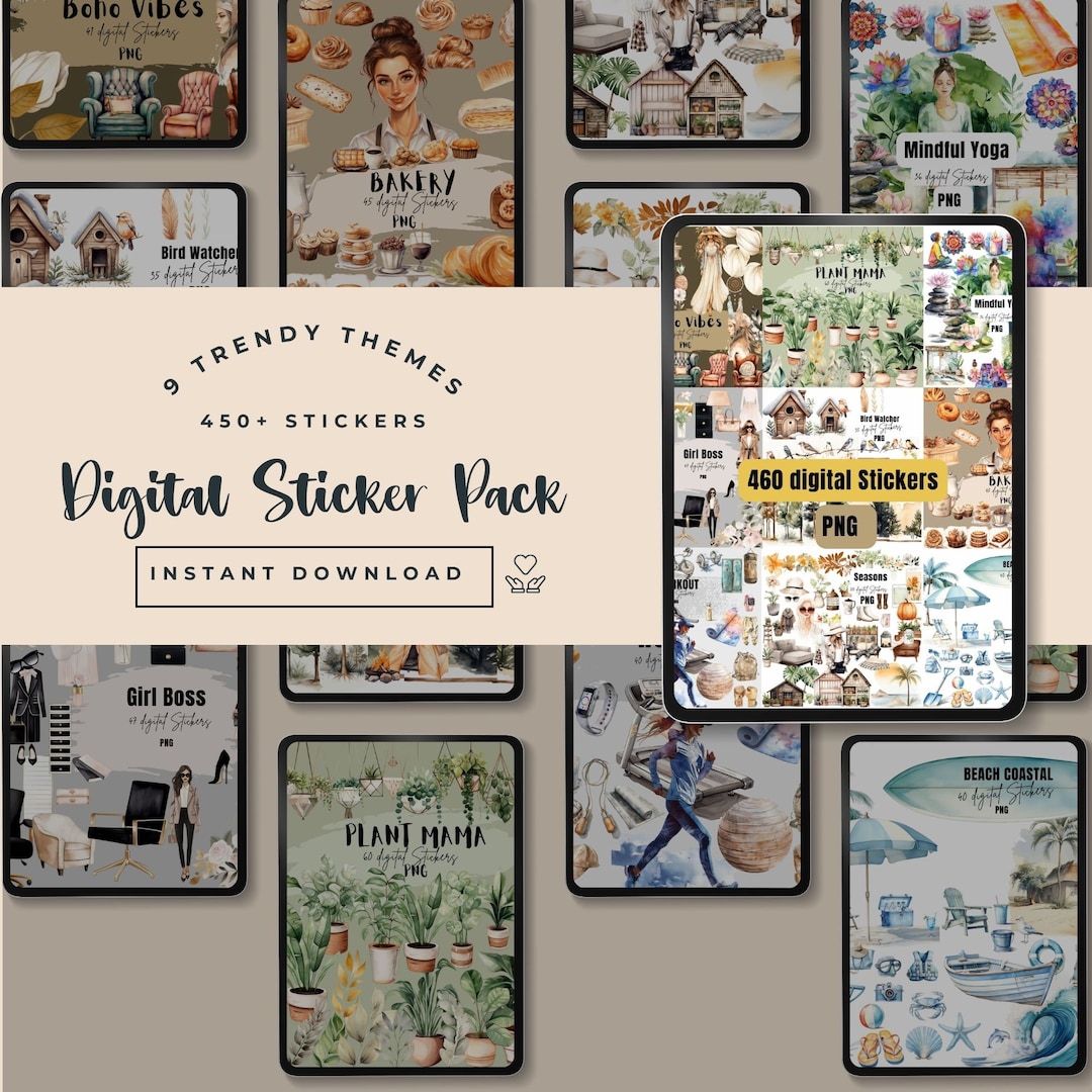 Digital Stickers Bundle, PNG Bundle Stickers, Boho Stickers, Yoga ...