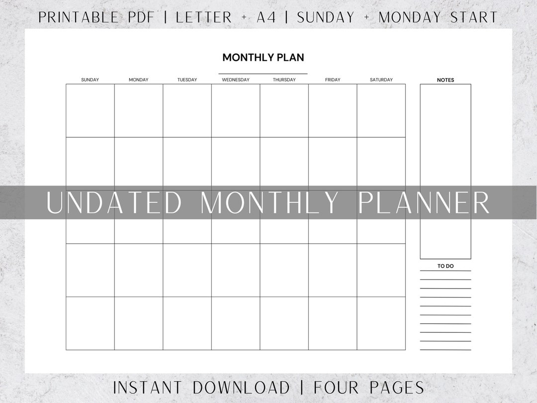 Undated Monthly Planner Landscape, Printable Planner, Printable Monthly ...