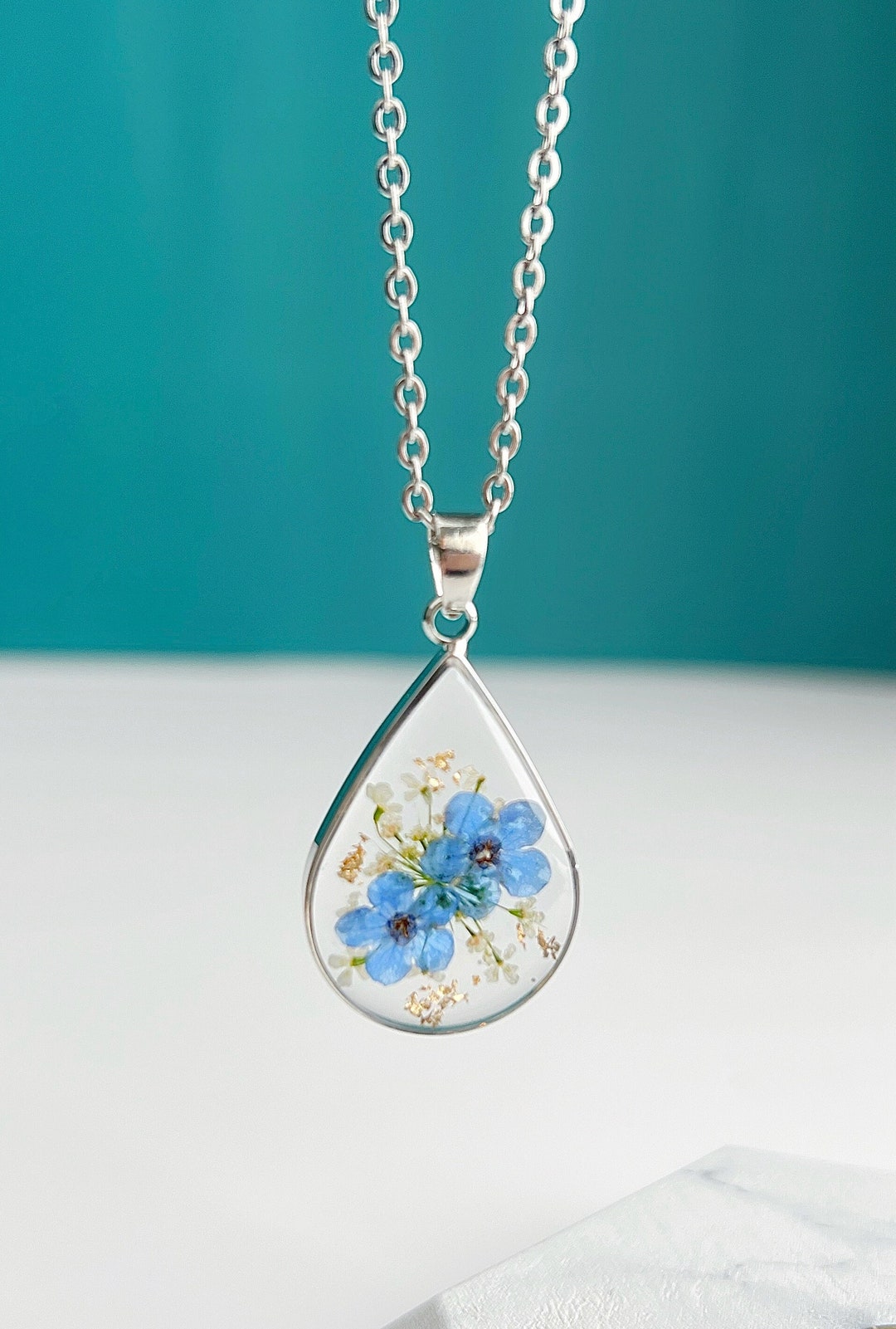 Silver Forget Me Nots Flower Pendant Necklace Resin Blue Flowers ...