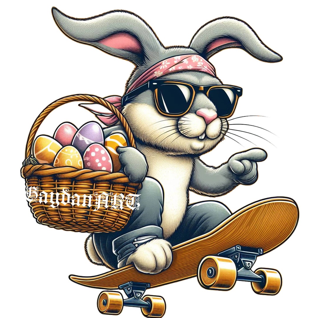 Easter Bunny on a Skate Carrying a Basket of Easter Eggs, Digital ...