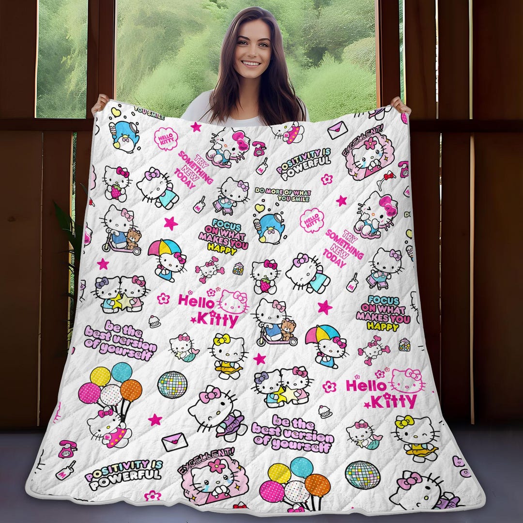 Hello Kitty Quilt, Kitty Quilt for Kids, Kawaii Kitty Modern Quilt ...