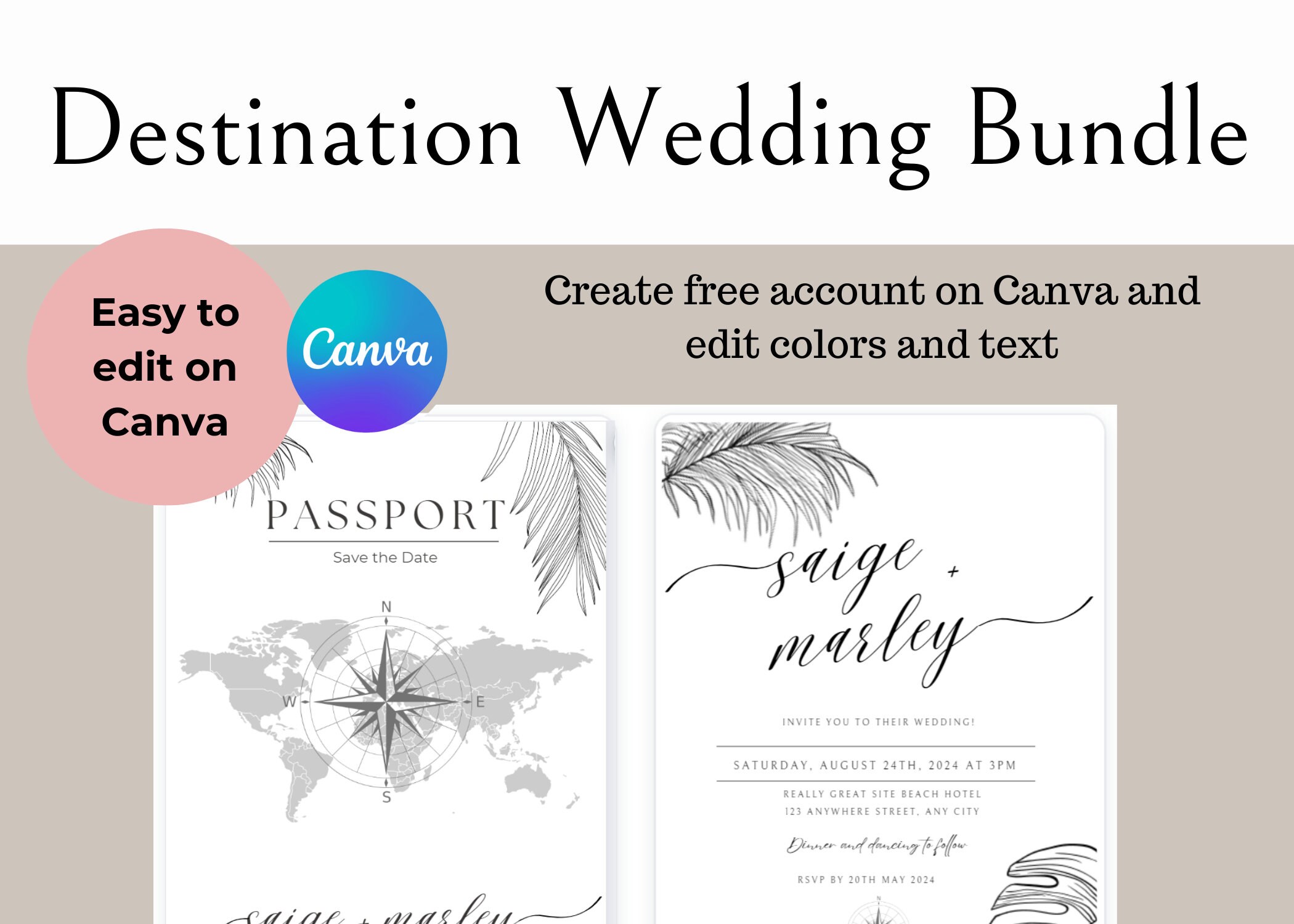 Destination Wedding Invitation Suite Editable in Canva Template ...