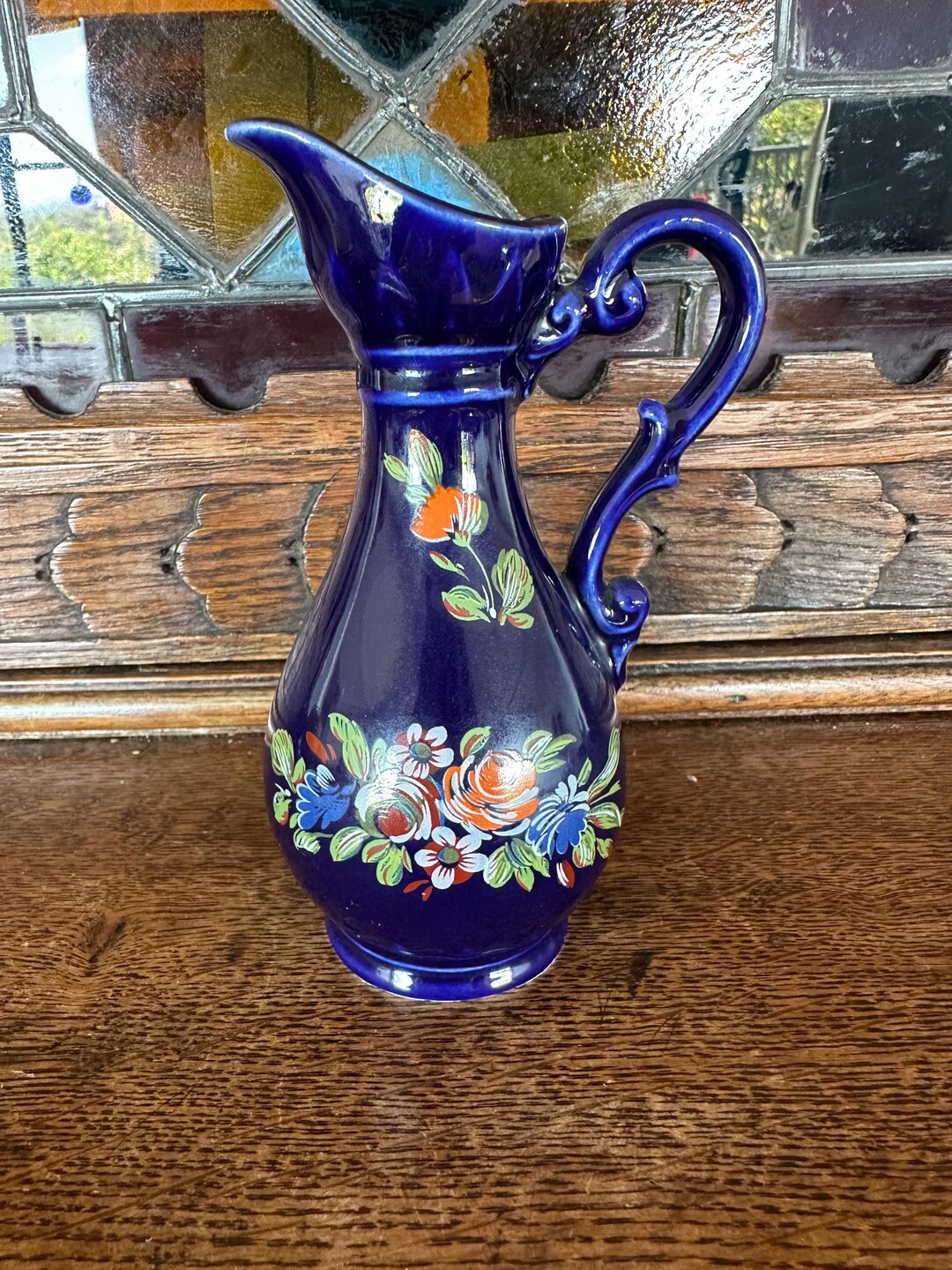 Vintage Veritable Bleu De Four // Blue Pitcher Jug With Florals ...