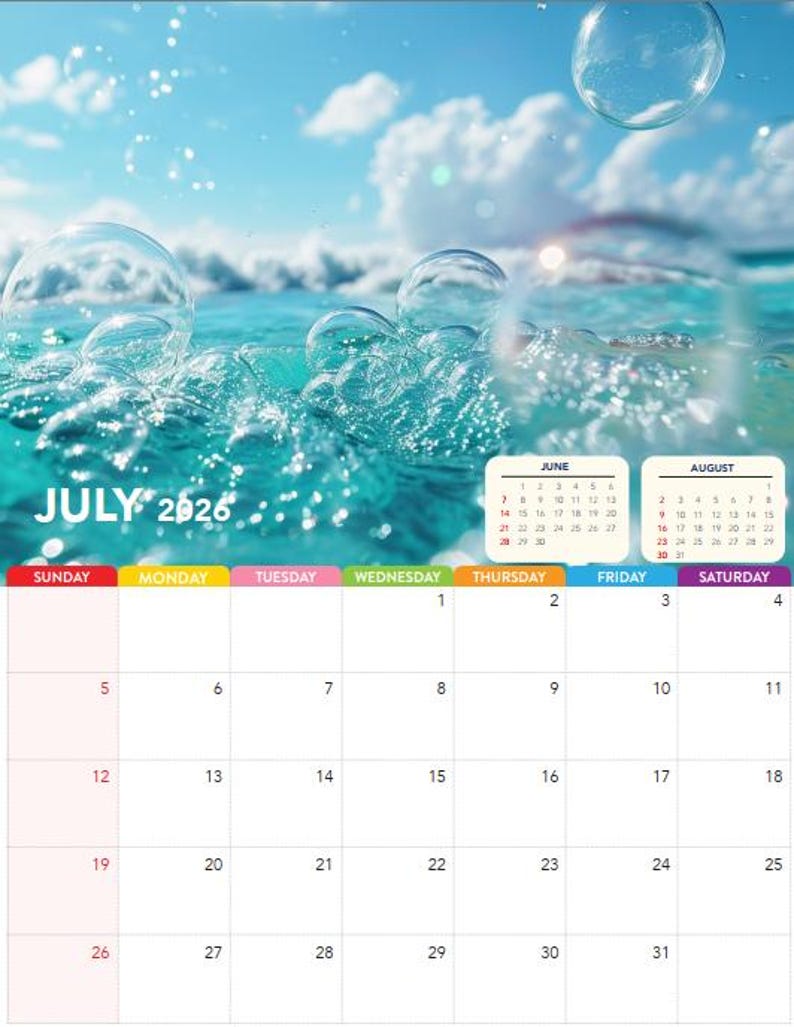 Bubble Calendar 2026 Printable | Modern Water Aesthetic Wall Calendar ...