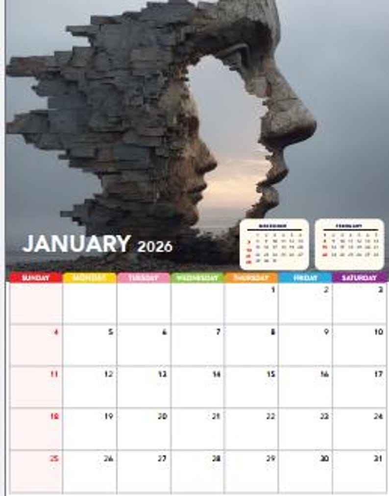 Surreal Art Calendar 2026 Printable | Conceptual Human Portrait Wall ...