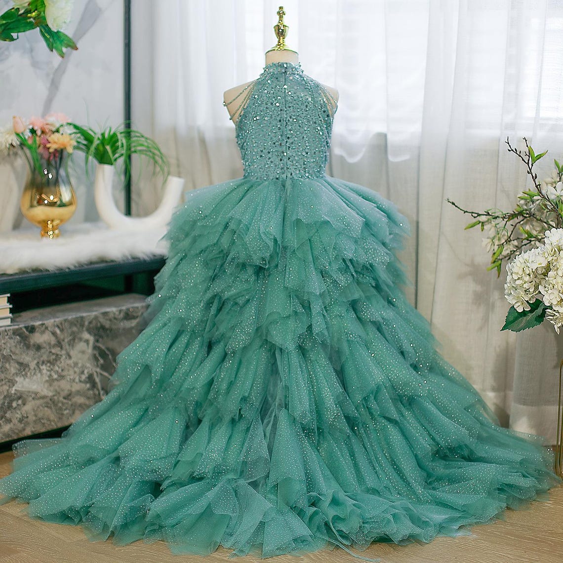 Sparkling Halter Peacock Blue Kid Girls Princess Ball Gowns Puffy Kid ...