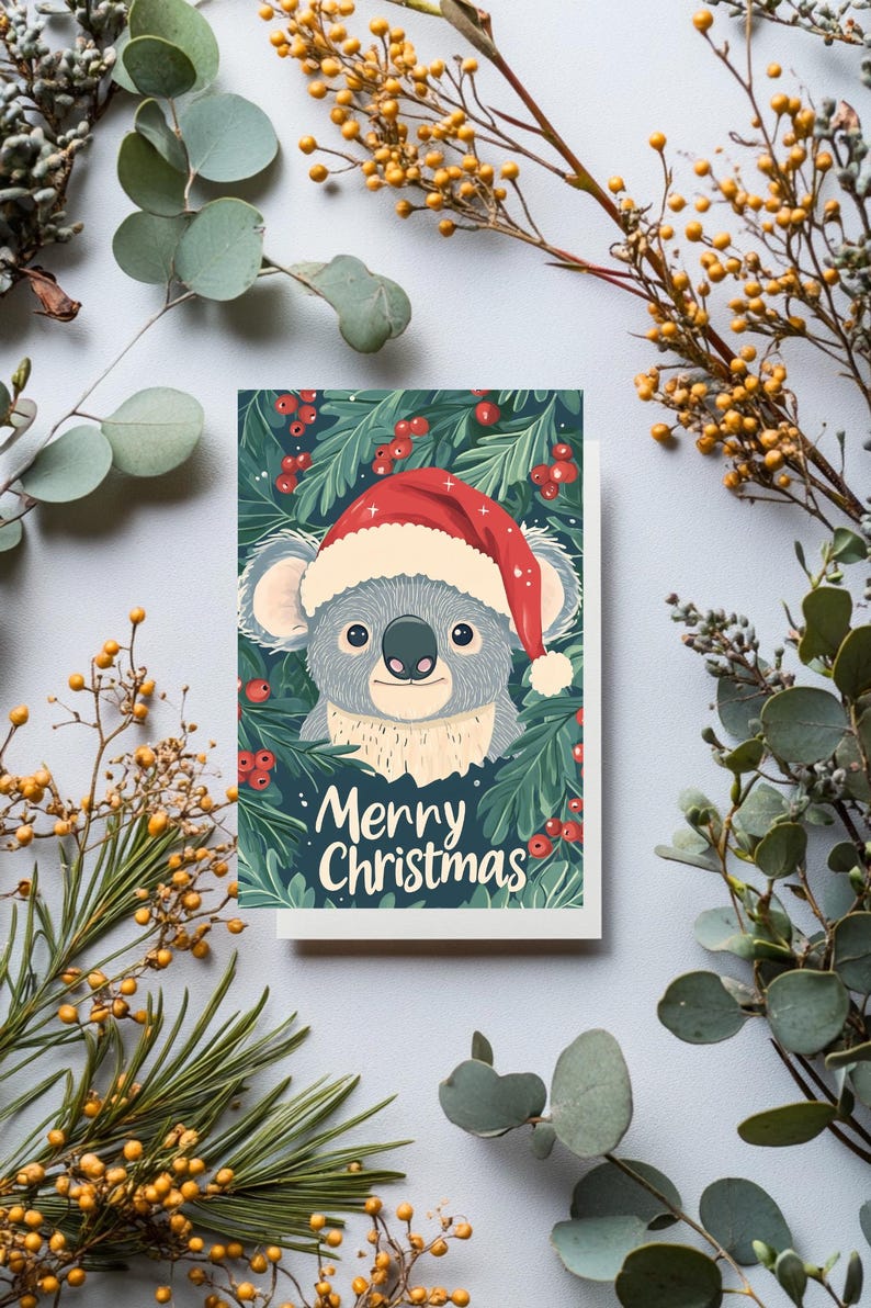 Printable Christmas Card, Koala Xmas Greeting Card, Instant Download ...