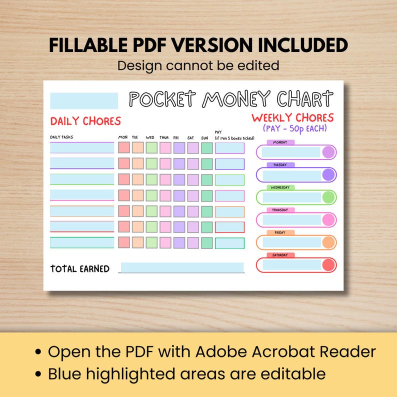Editable Pocket Money Chart for Kids | Chore Chart | Daily Weekly ...