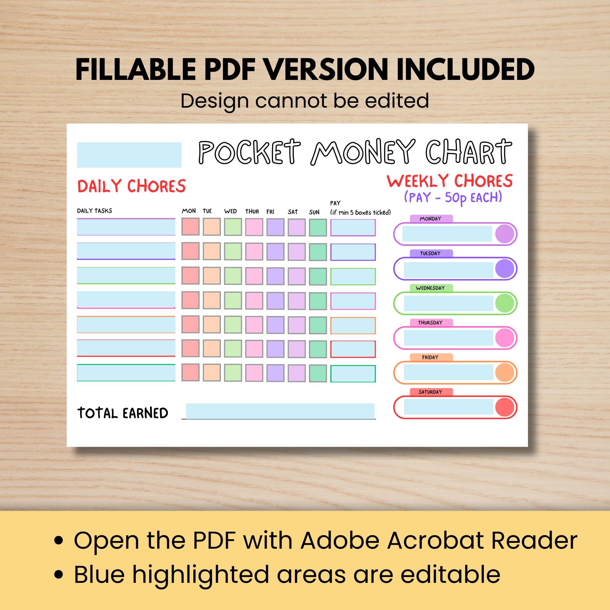 Editable Pocket Money Chart for Kids | Chore Chart | Daily Weekly ...