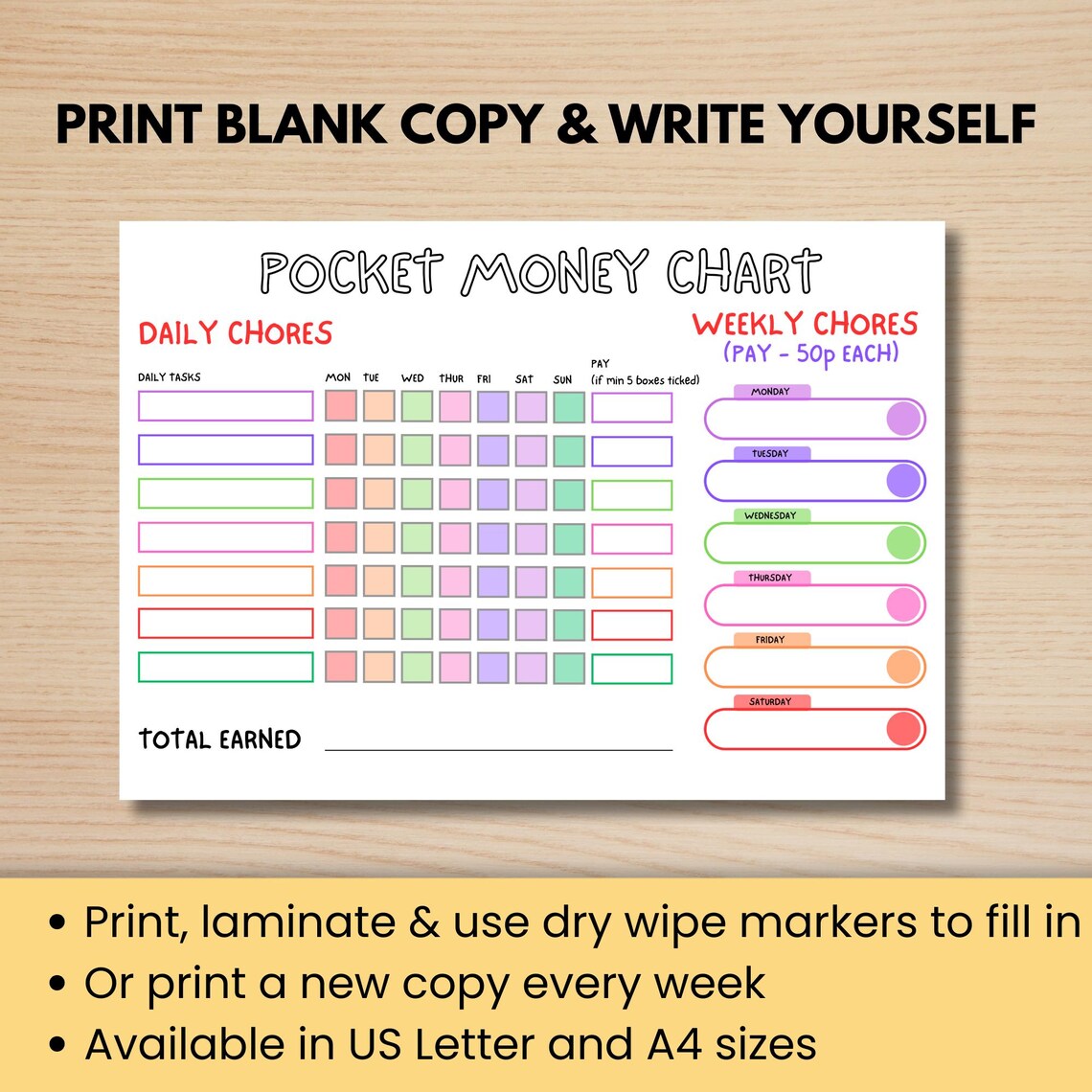 Editable Pocket Money Chart for Kids | Chore Chart | Daily Weekly ...