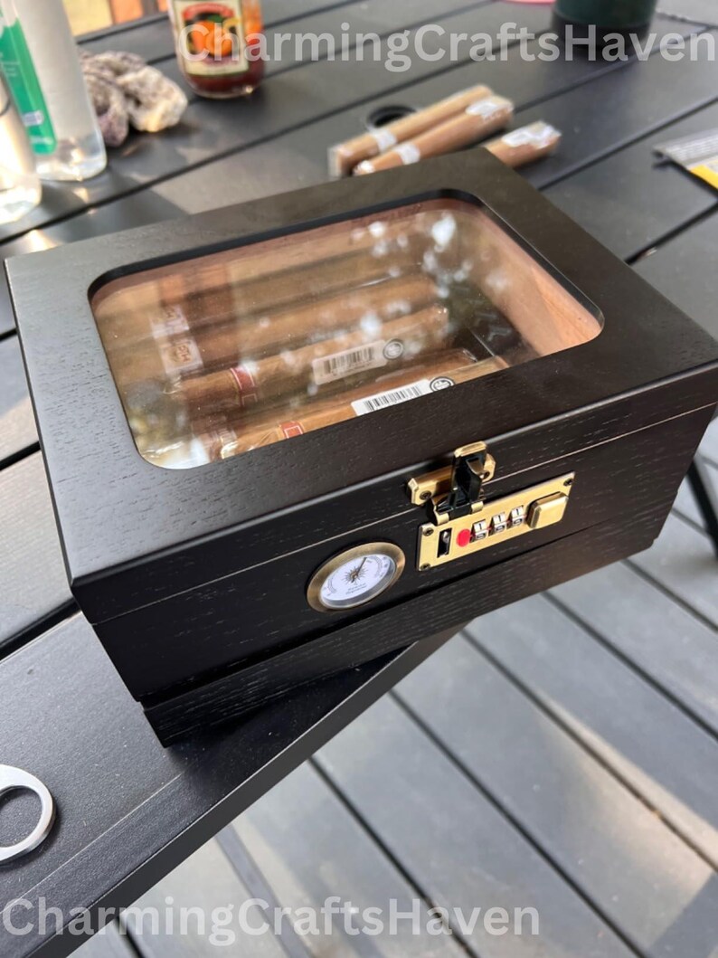 Rustic Wooden Cigar Humidor With Drawer & Glass Top | Cigar Case ...