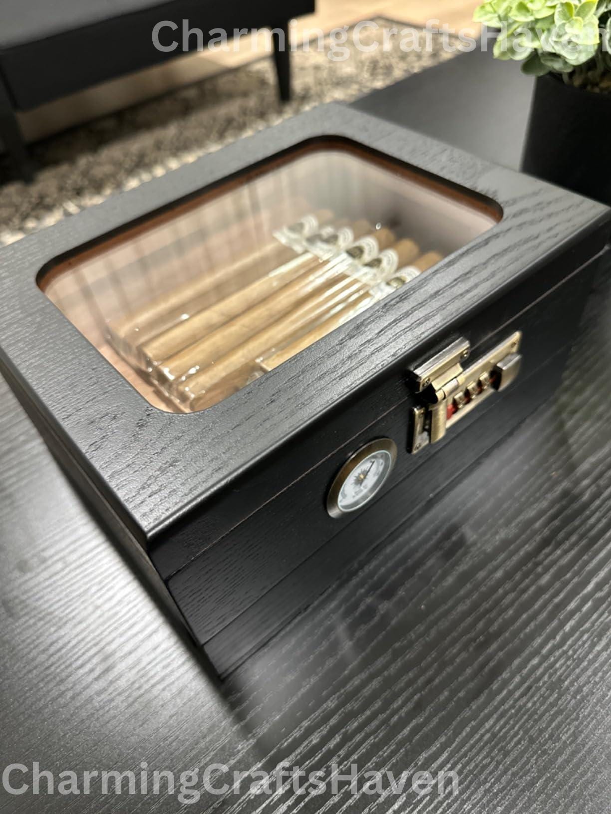 Rustic Wooden Cigar Humidor With Drawer & Glass Top | Cigar Case ...