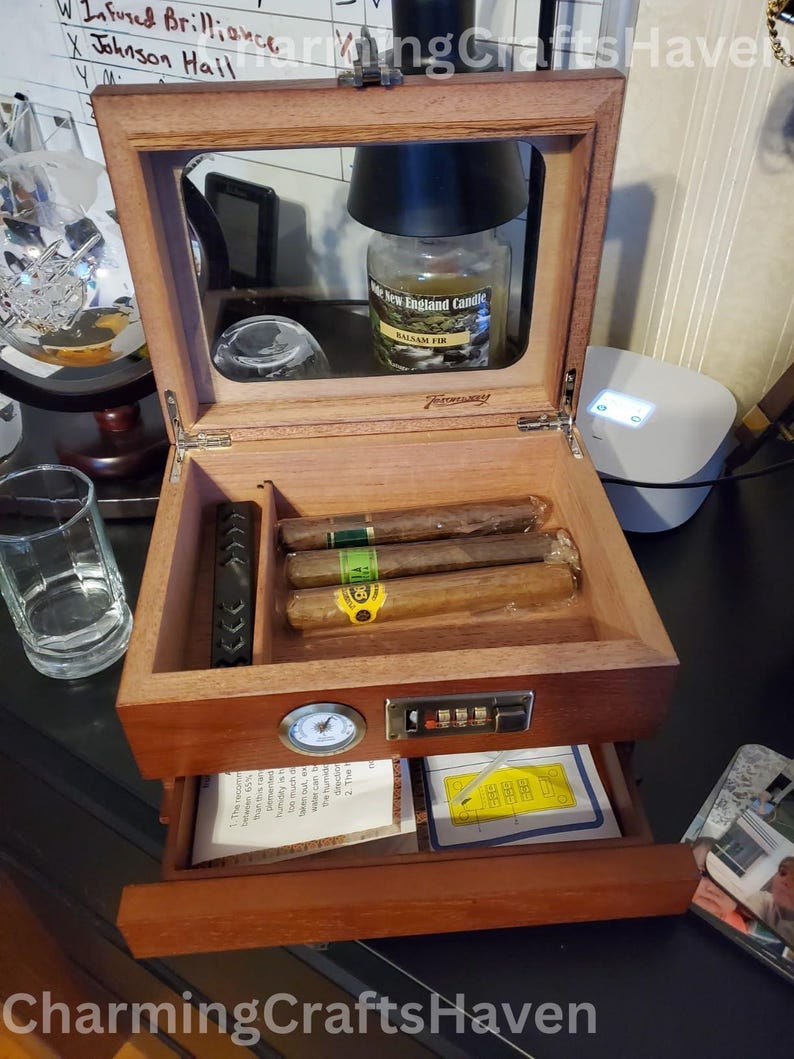 Rustic Wooden Cigar Humidor With Drawer & Glass Top | Cigar Case ...