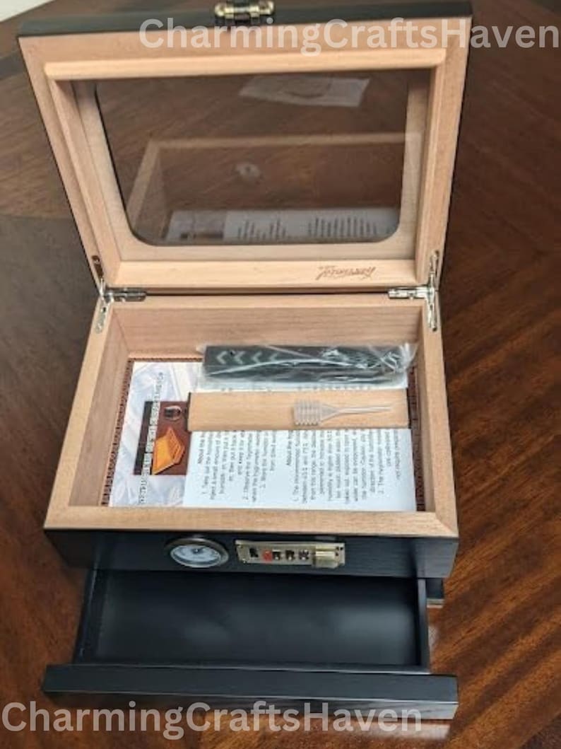 Rustic Wooden Cigar Humidor With Drawer & Glass Top | Cigar Case ...