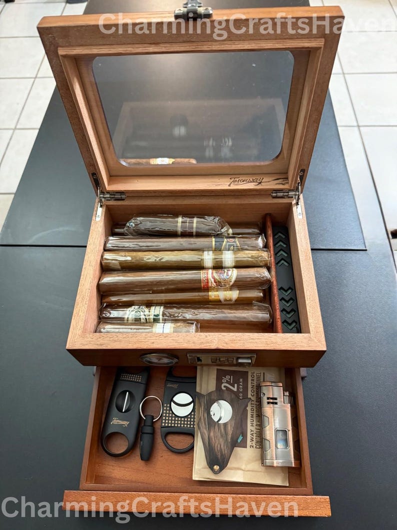 Rustic Wooden Cigar Humidor With Drawer & Glass Top | Cigar Case ...