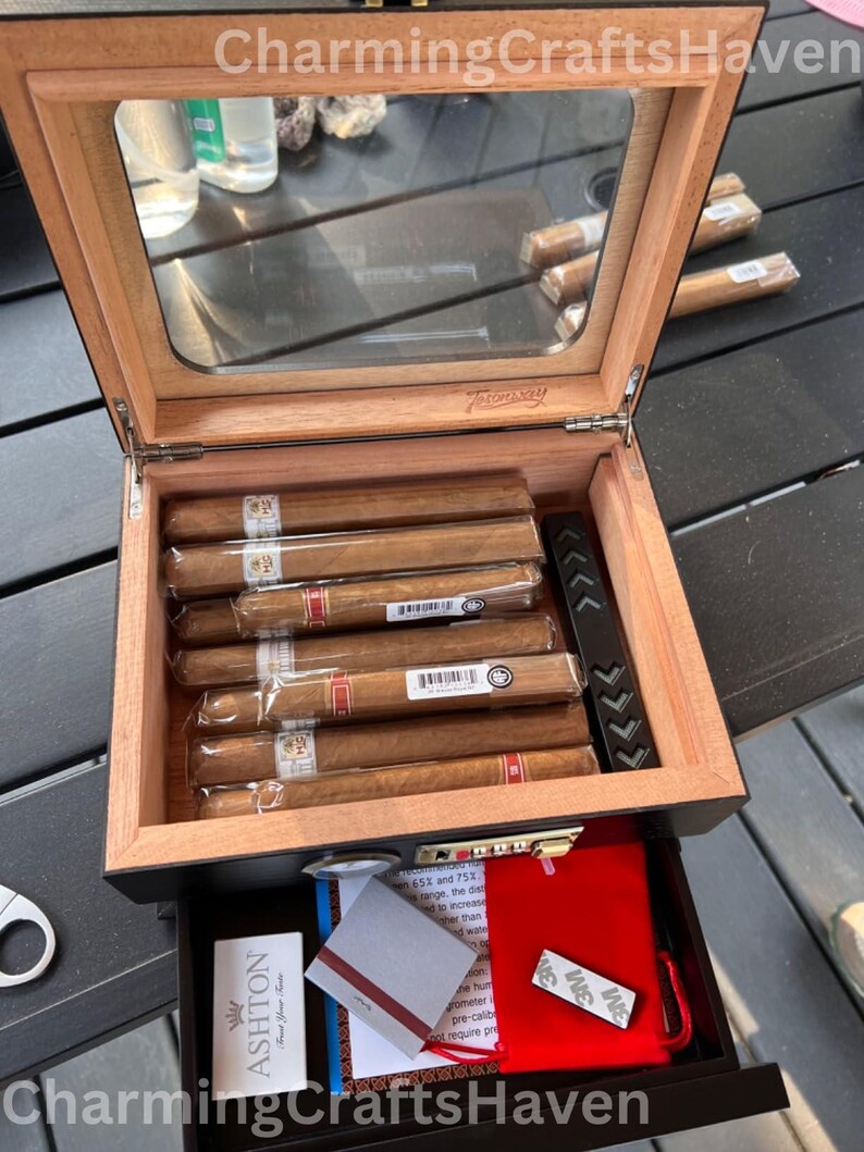 Rustic Wooden Cigar Humidor With Drawer & Glass Top | Cigar Case ...