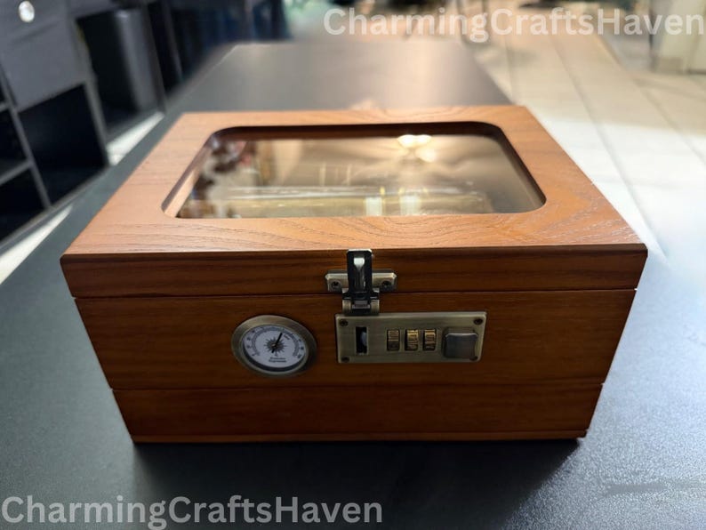 Rustic Wooden Cigar Humidor With Drawer & Glass Top | Cigar Case ...