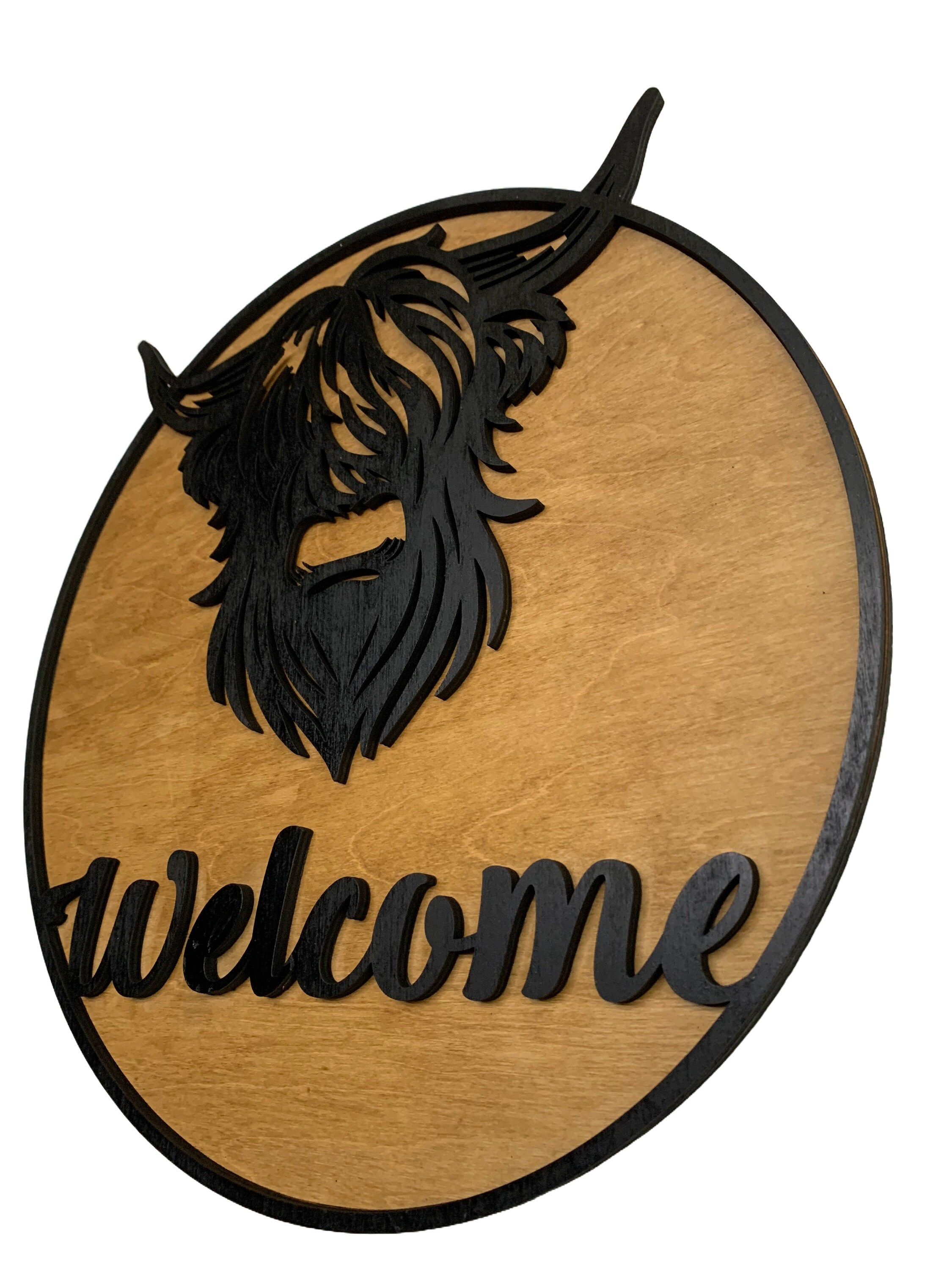 Highland Cow Welcome Sign - Laser Cut Two-layer Wood, Black and Stain ...