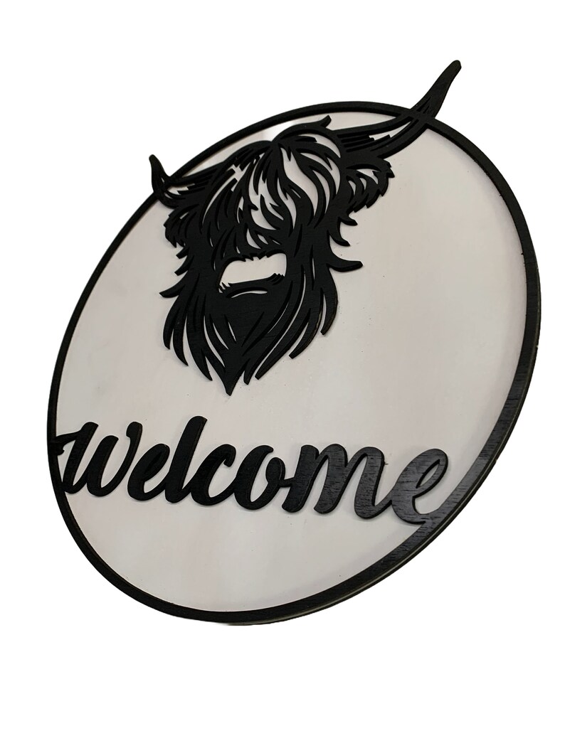 Highland Cow Welcome Sign - Laser Cut Two-layer Wood, Black and Stain ...