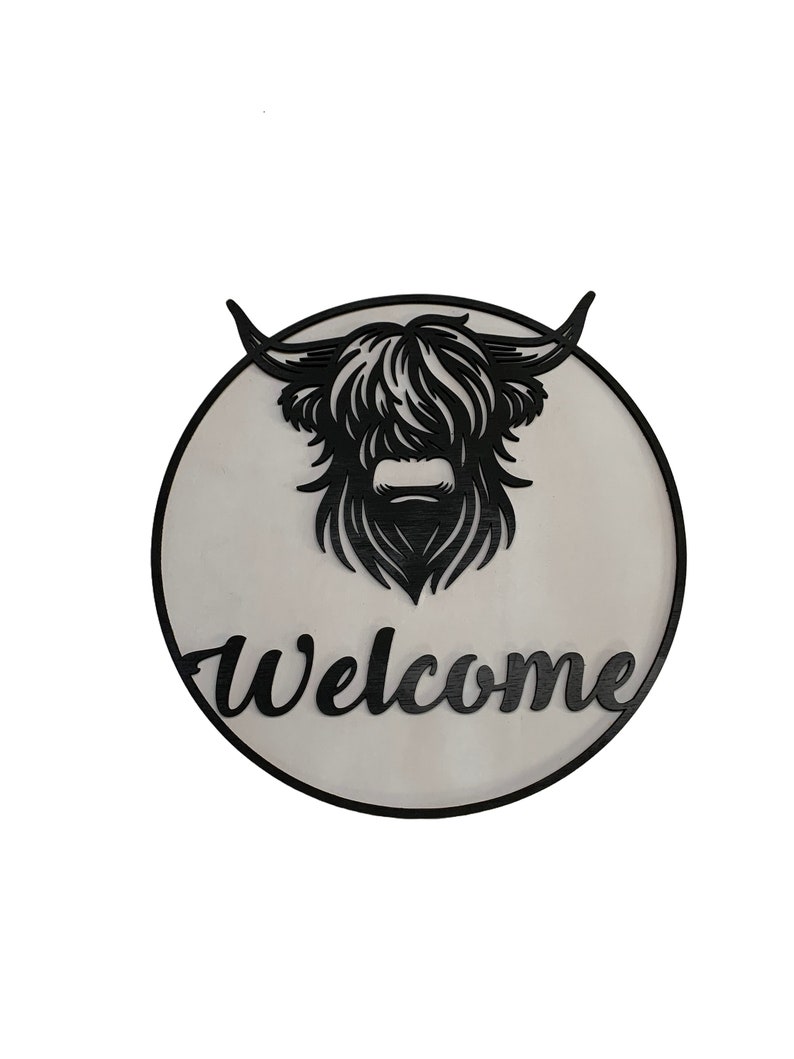 Highland Cow Welcome Sign - Laser Cut Two-layer Wood, Black and Stain ...