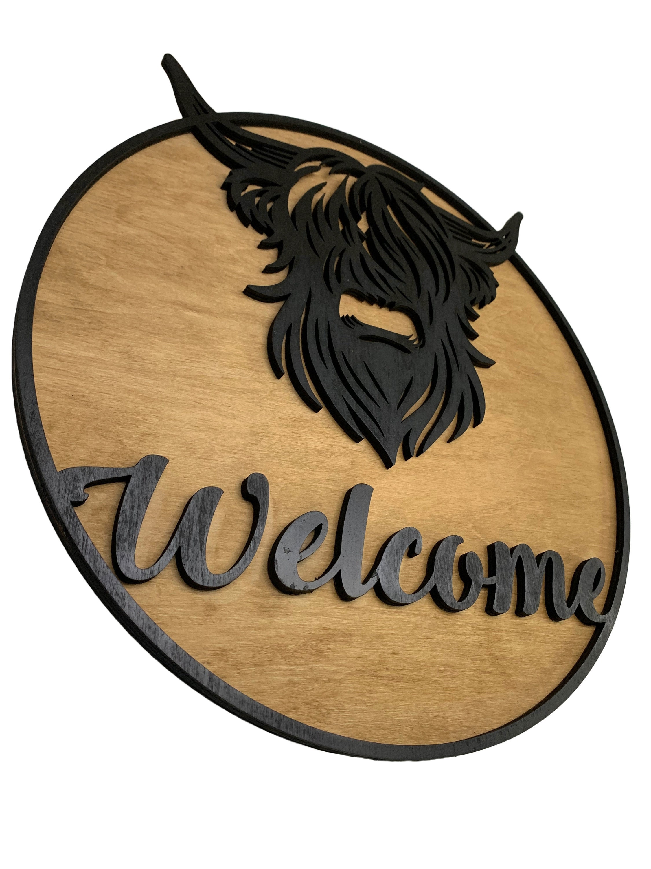 Highland Cow Welcome Sign - Laser Cut Two-layer Wood, Black and Stain ...