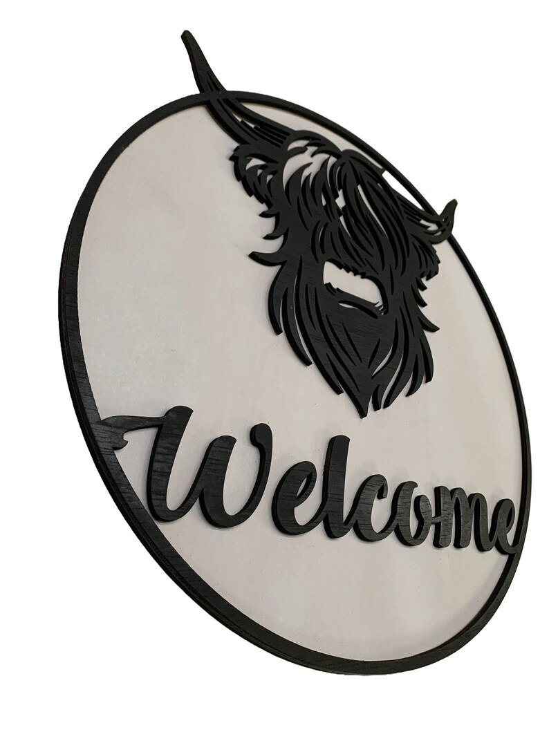 Highland Cow Welcome Sign - Laser Cut Two-layer Wood, Black and Stain ...