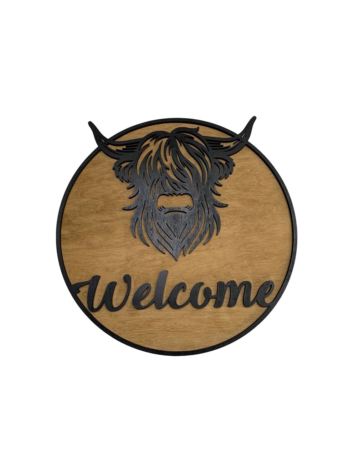 Highland Cow Welcome Sign - Laser Cut Two-layer Wood, Black and Stain ...