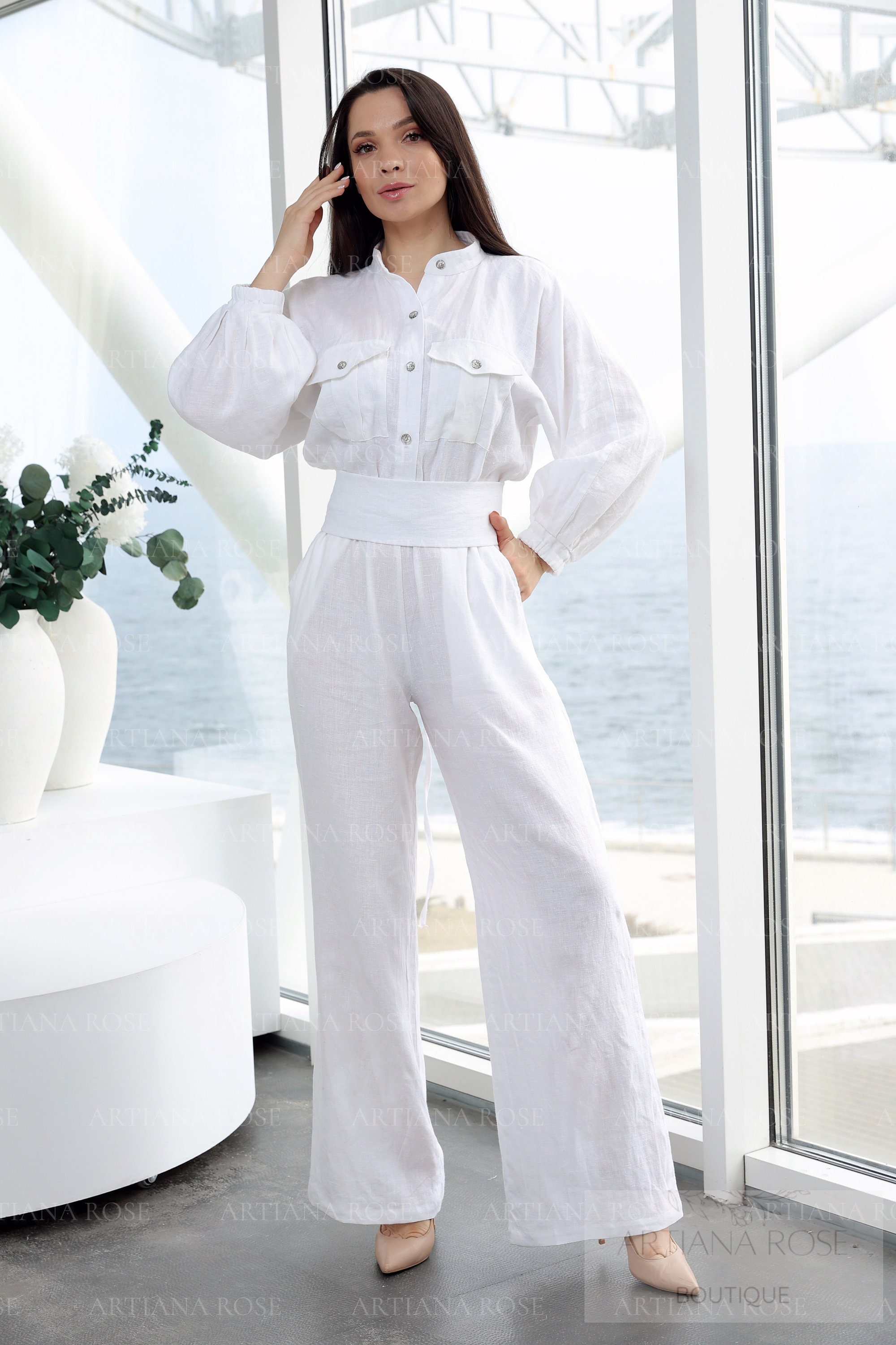 White Linen Jumpsuit With Long Sleeves, Boho Linen Romper With Pockets ...
