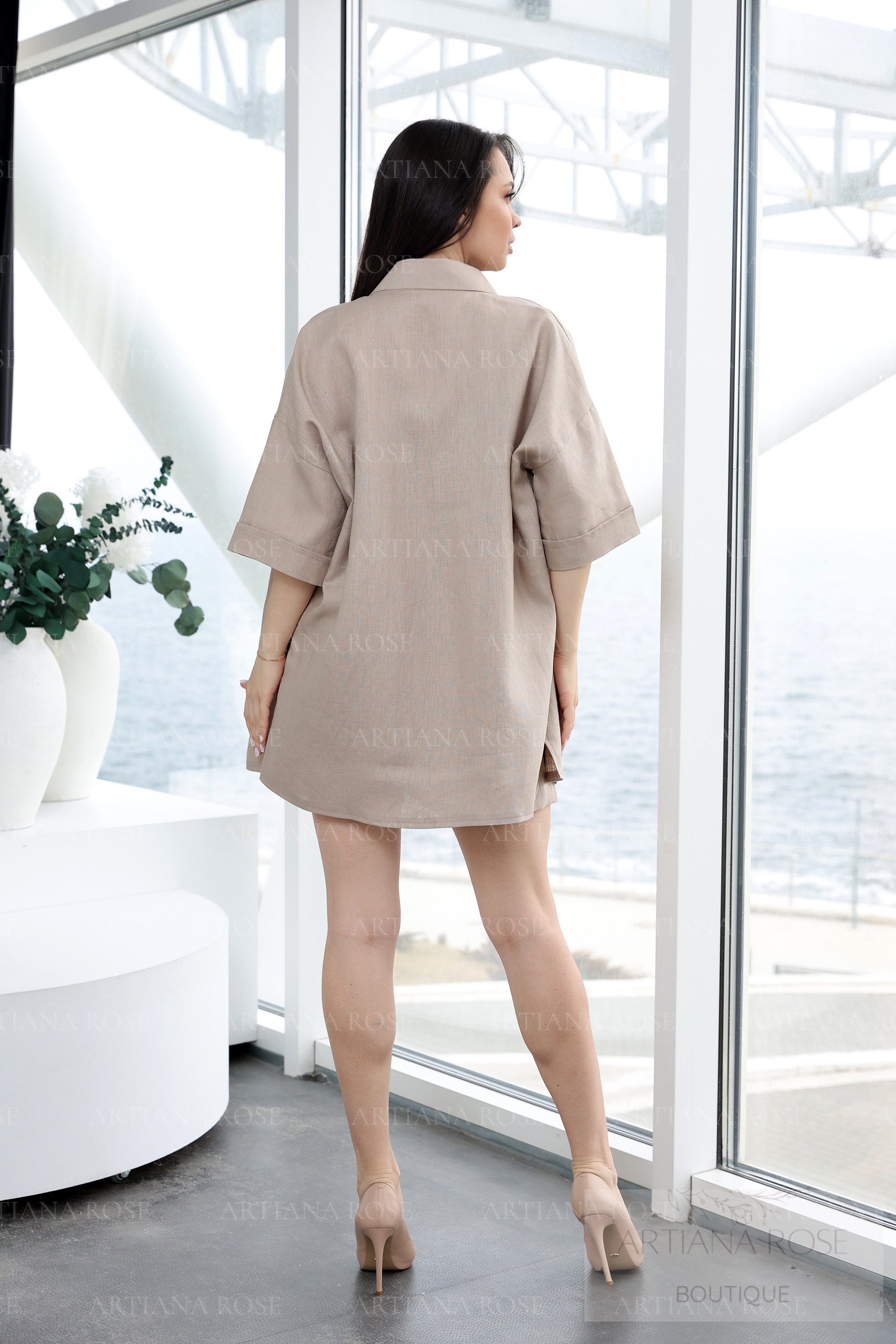 Beige Linen Shorts Suit 3 Pc, Shirt With Short Sleeves,crop Top and ...