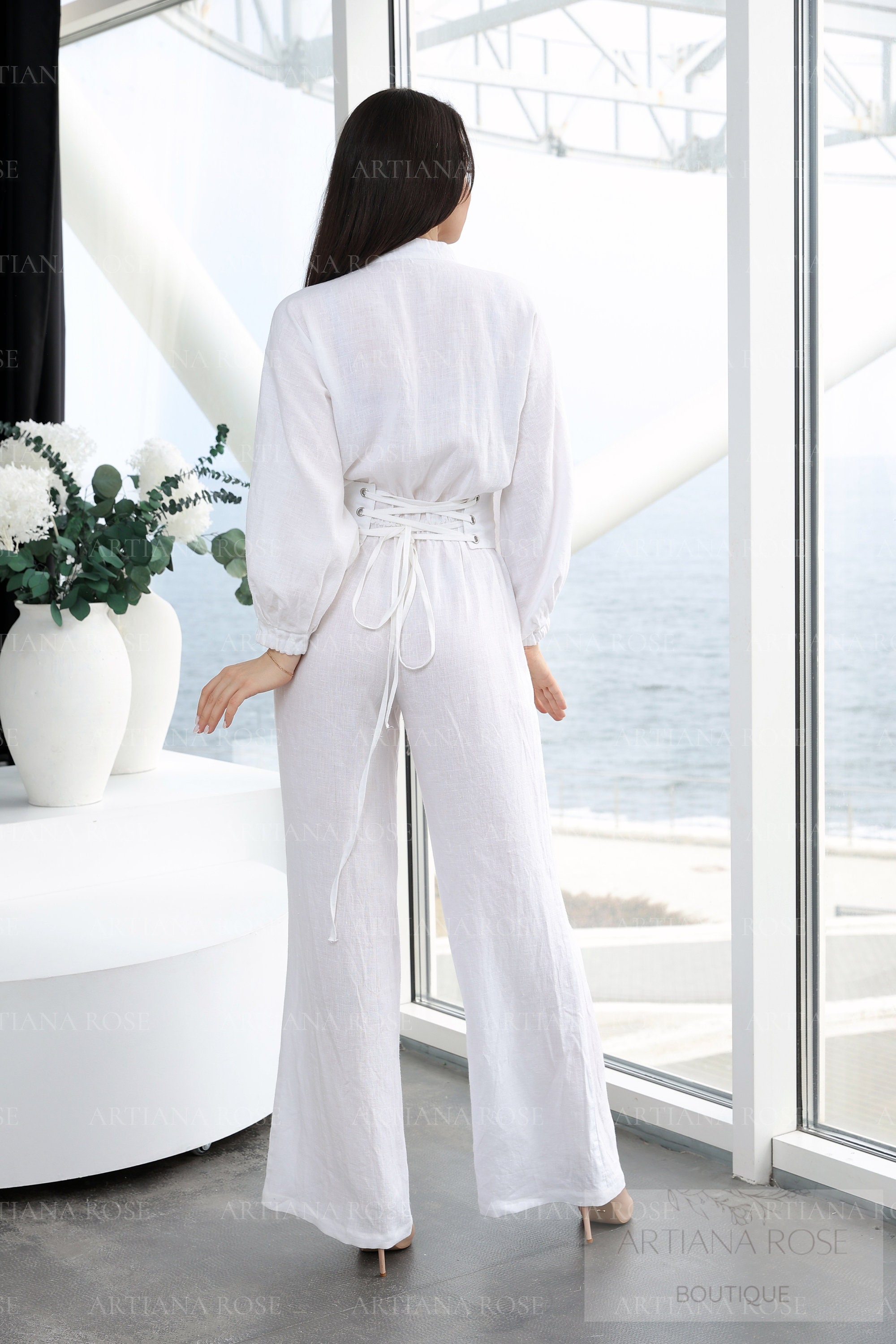 White Linen Jumpsuit With Long Sleeves, Boho Linen Romper With Pockets ...