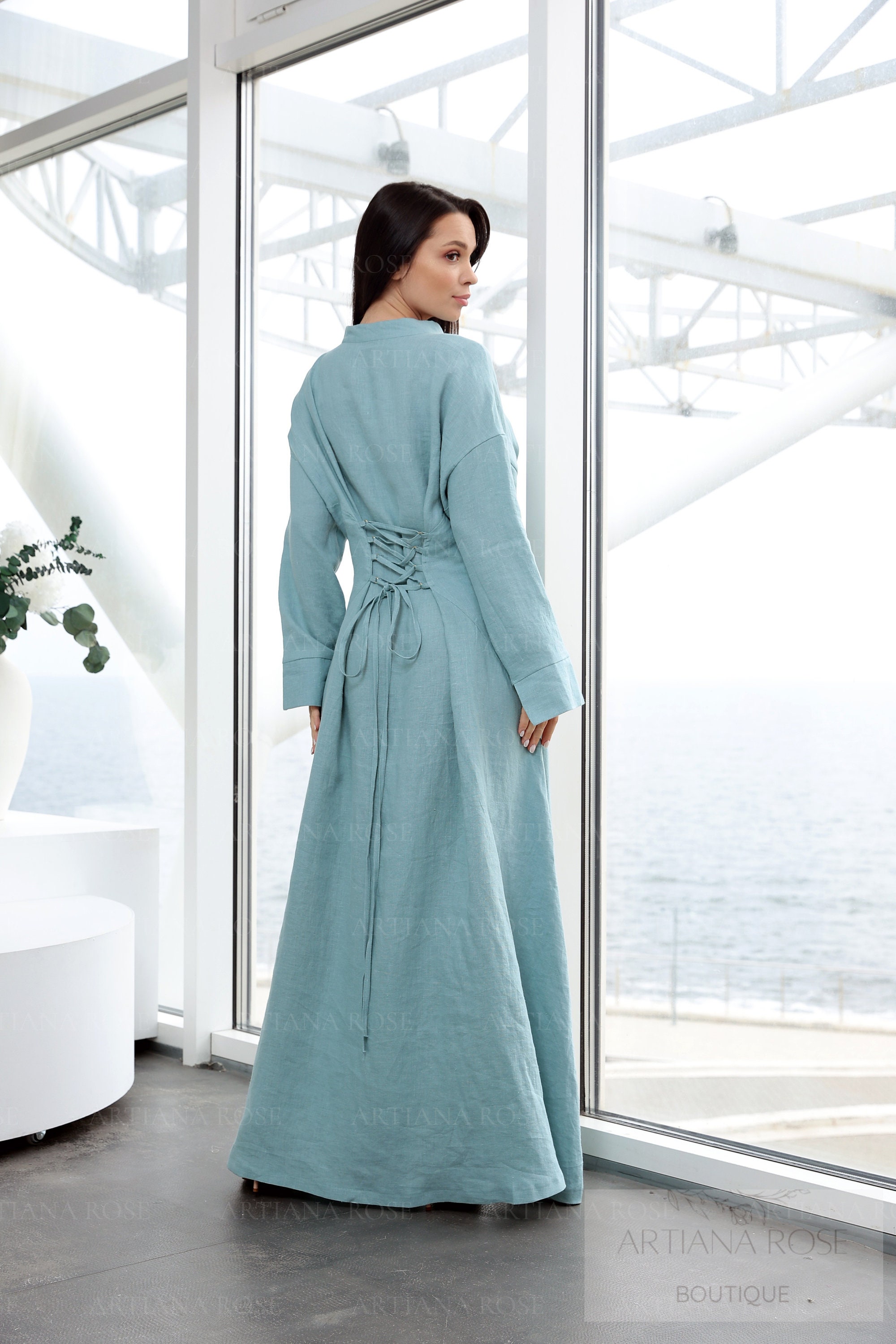 Womens Light Blue Linen Dress Long Sleeves, Oversized Maxi Linen Dress ...