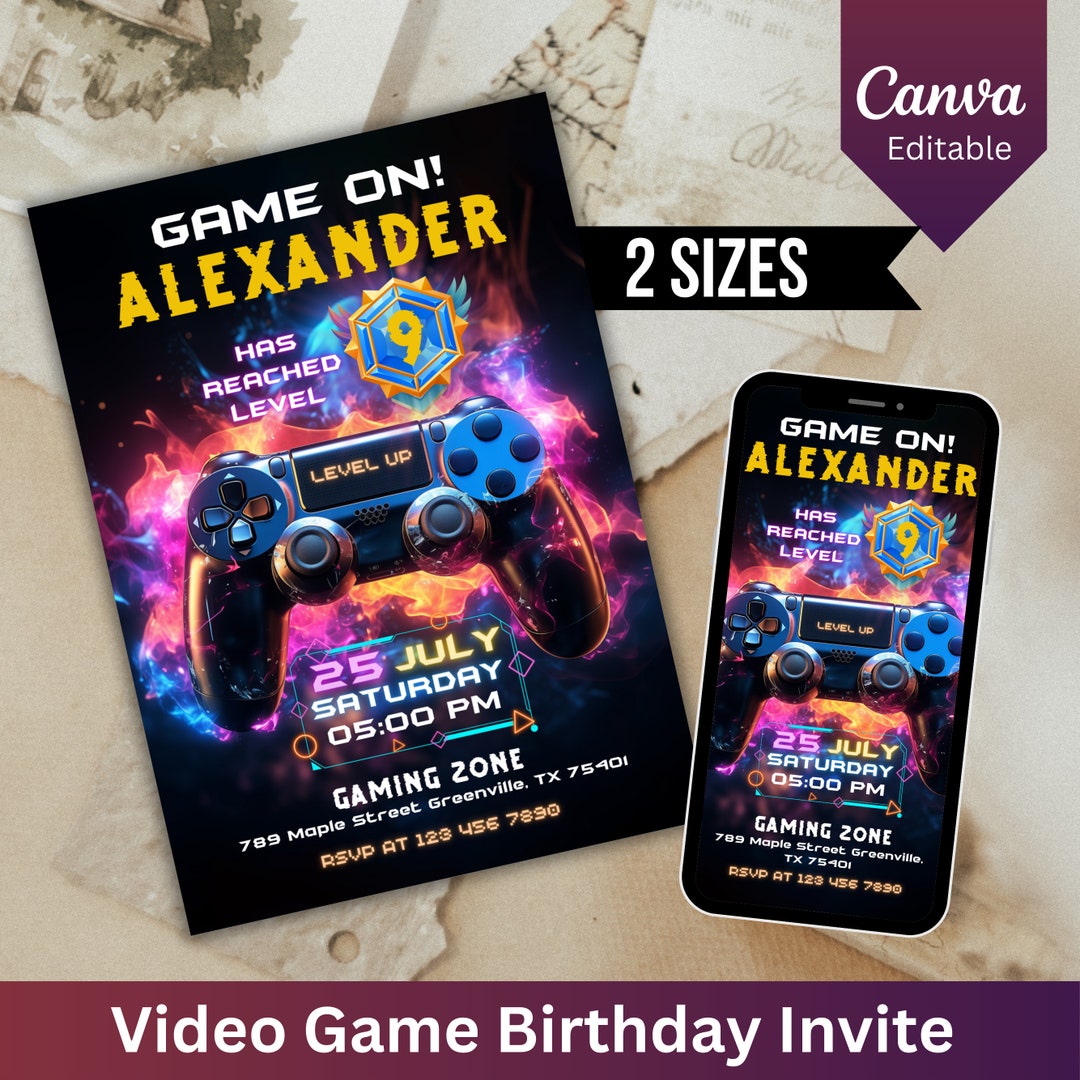 Video Game Birthday Invitation, Printable Neon Game Level up Birthday ...