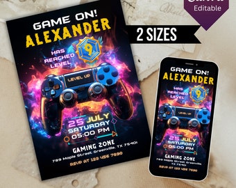 Editable Video Game Birthday Invitation, Printable Neon Glow Boy Gamer ...