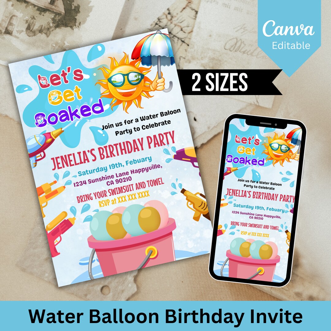 Water Balloon Birthday Invitation, Printable Water Gun Birthday Invite ...