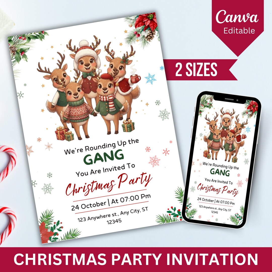 Editable Reindeer Christmas Party Invitation, We're Rounding up the ...