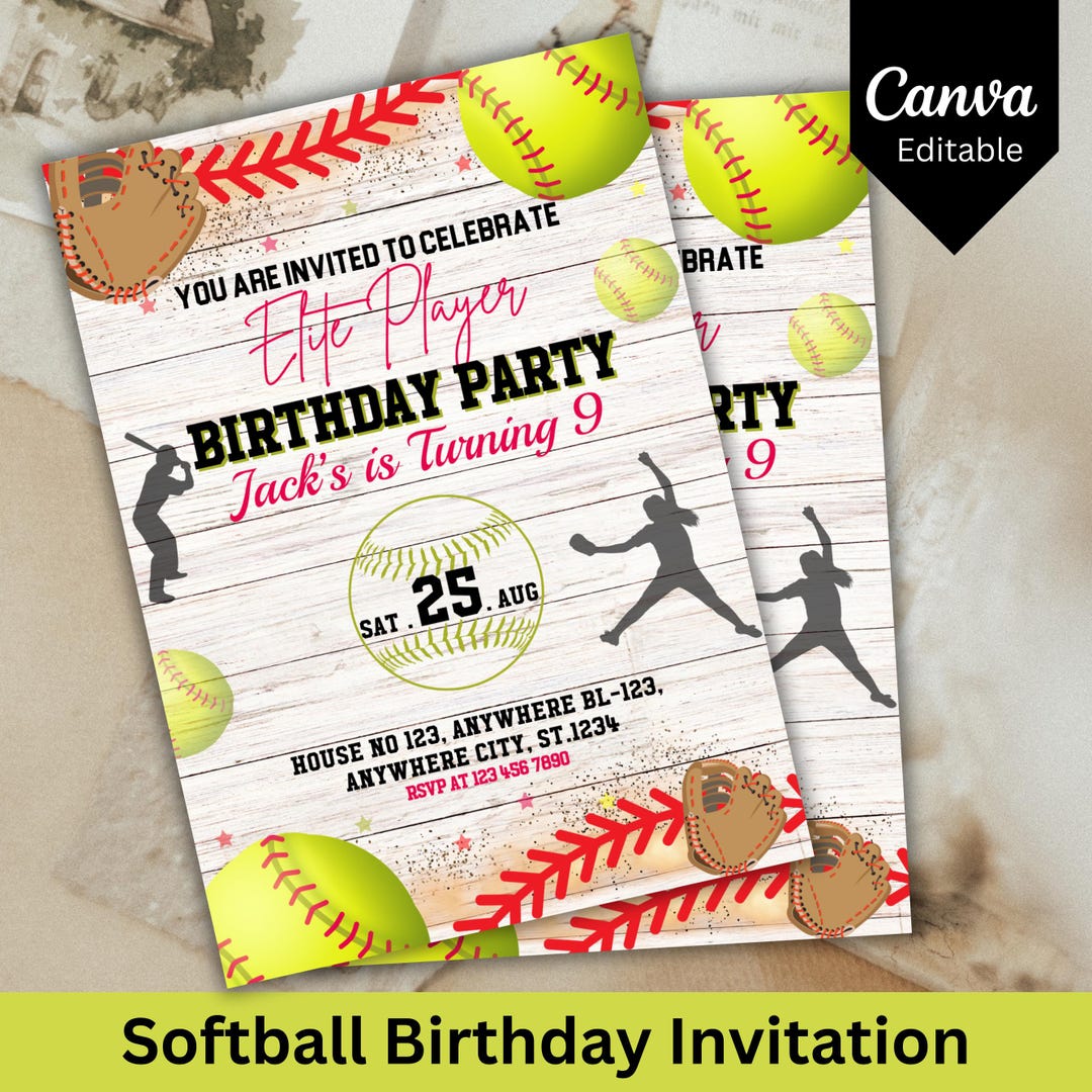 Editable Softball Birthday Invitation Template, Printable Sport Invitation, Softball Birthday ...